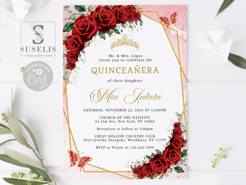 EDITABLE Quinceanera Invitation & Back Template Ruby Red - Etsy
