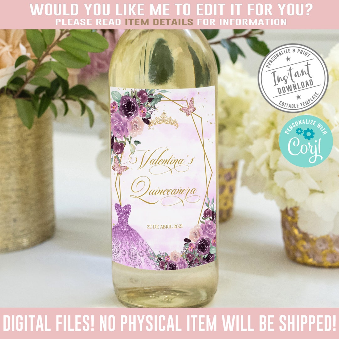 EDITABLE Quinceañera Wine Bottle Labels, Purple Pink, Butterfly, Mis ...