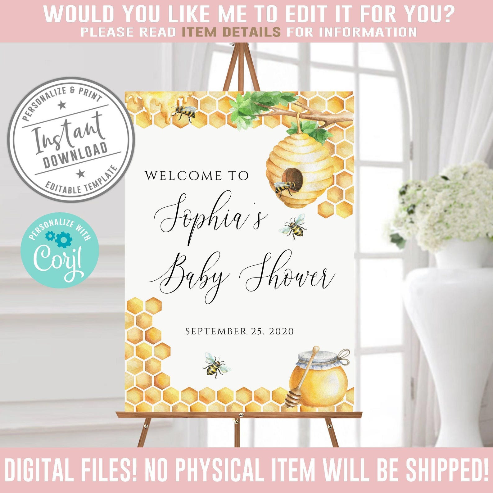 EDITABLE Bee Welcome Sign, 24x36 Inch, Corjl Template, Instant Download ...