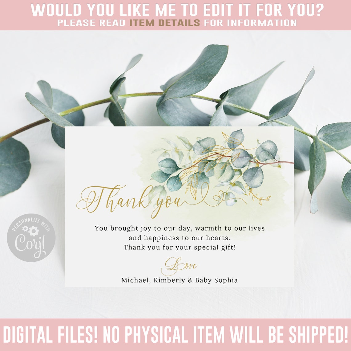 Editable Eucalyptus Thank You Card Corjl Template Watercolor - Etsy