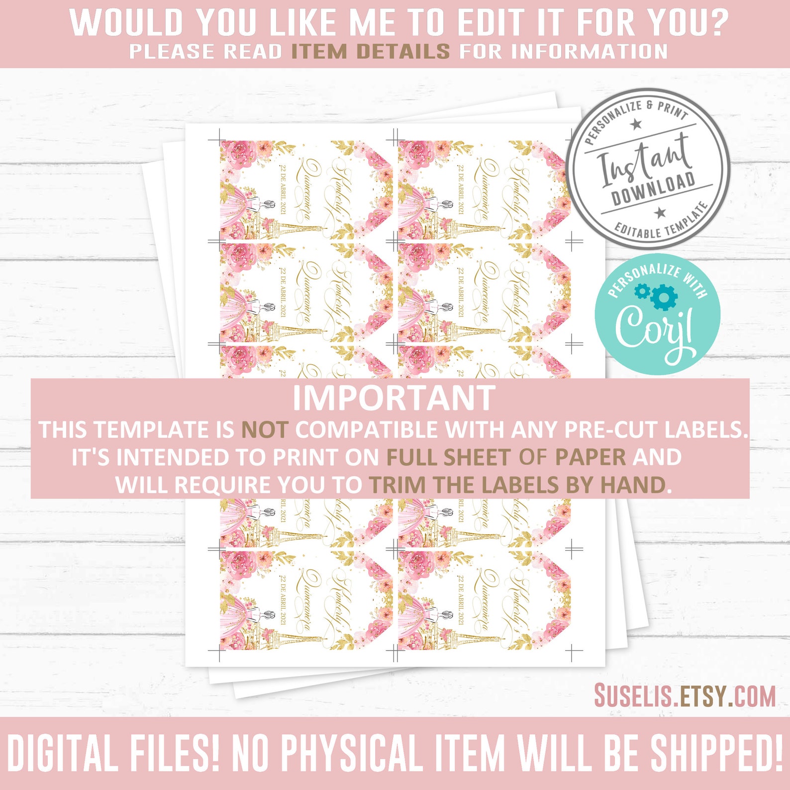 Editable Paris Quinceanera Favor Tag Blush Pink Gift Tag - Etsy