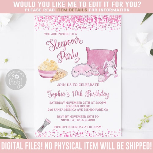 Sleepover Birthday Party Invitation Template Slumber Party Etsy
