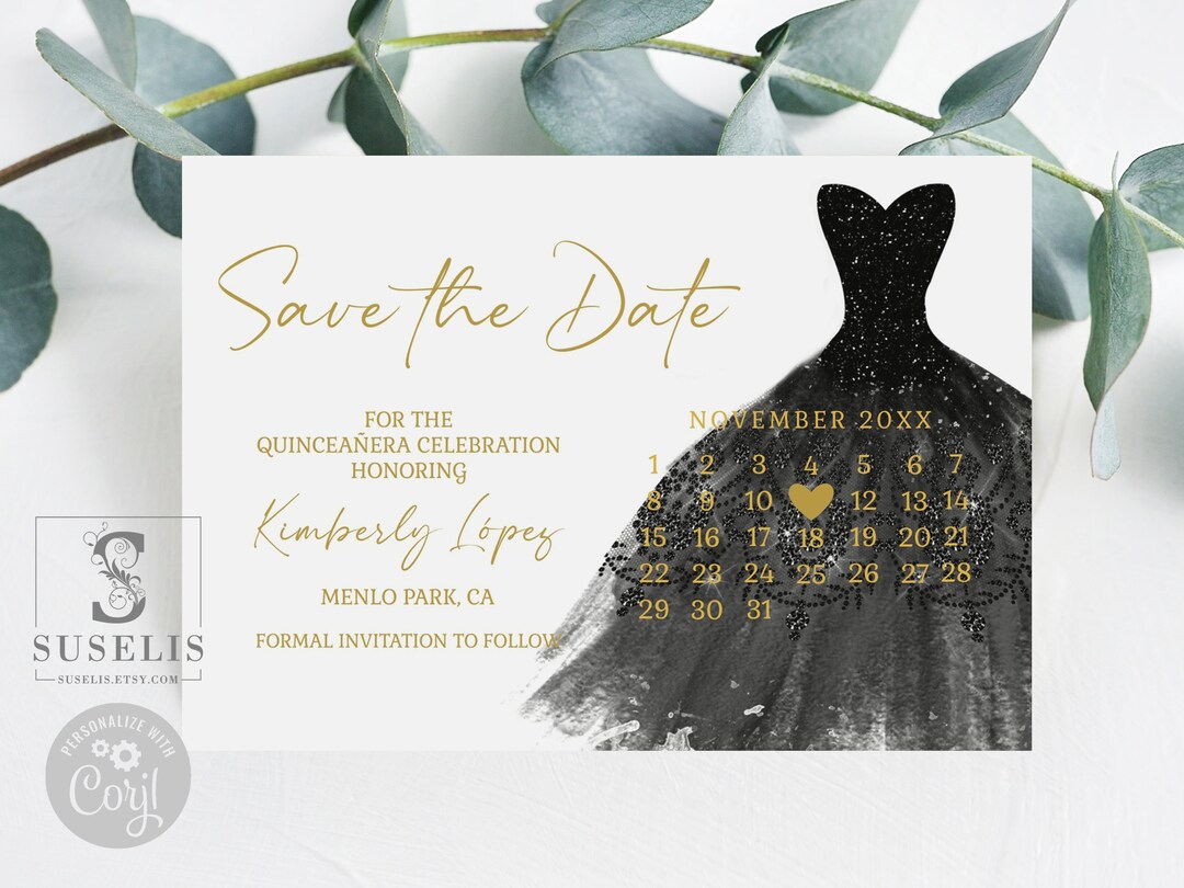 Editable Quinceañera Save the Date Calendar Card Template, Black Gold ...