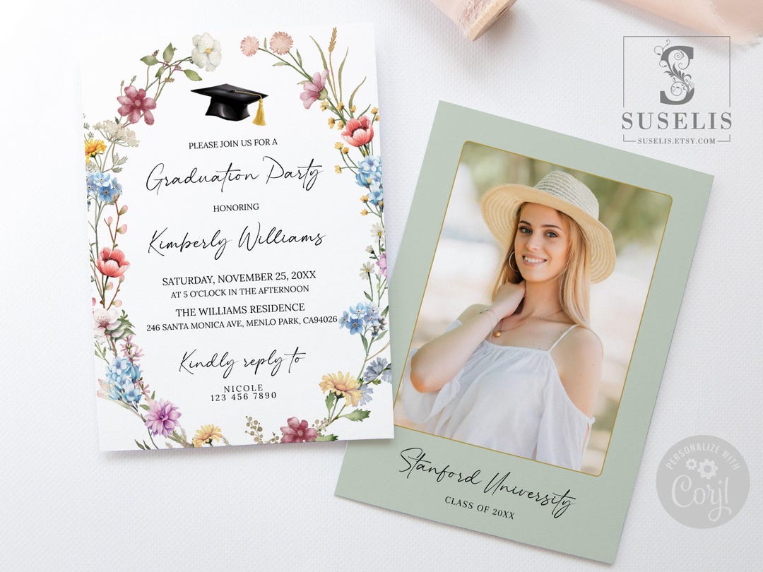 EDITABLE Template Wildflower Graduation Party Invitation, Photo Invite ...