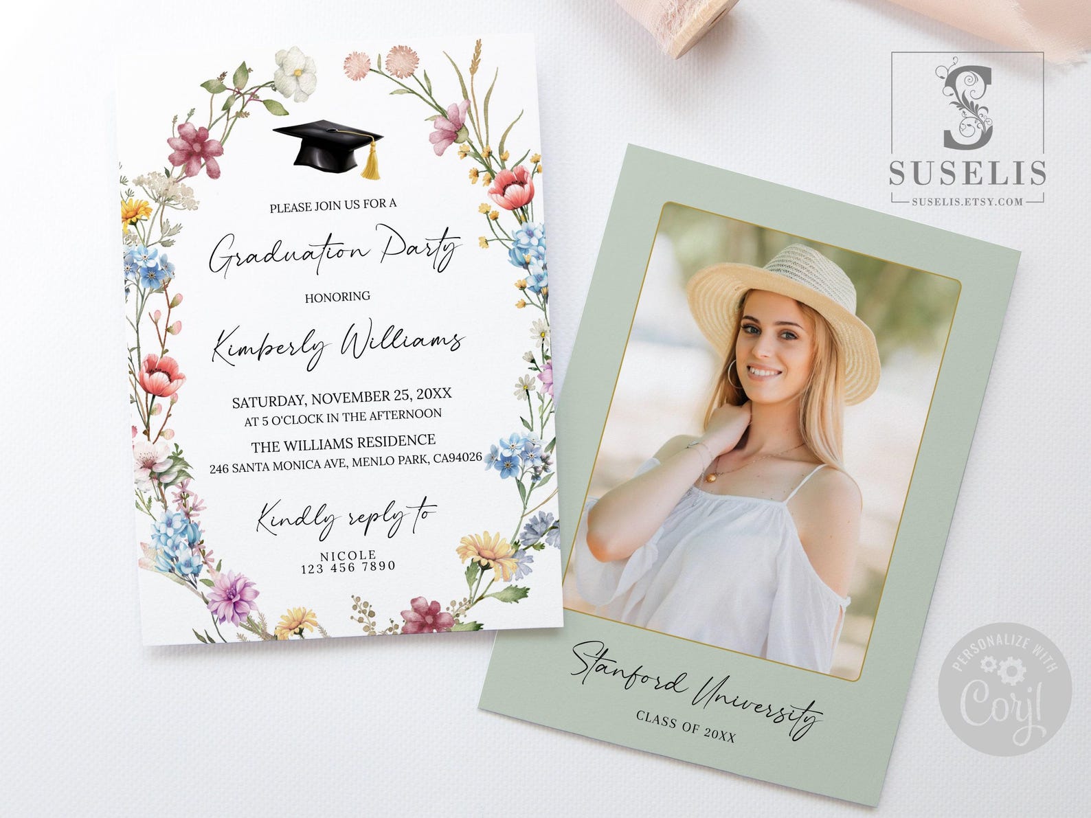 EDITABLE Template Wildflower Graduation Party Invitation, Photo Invite ...