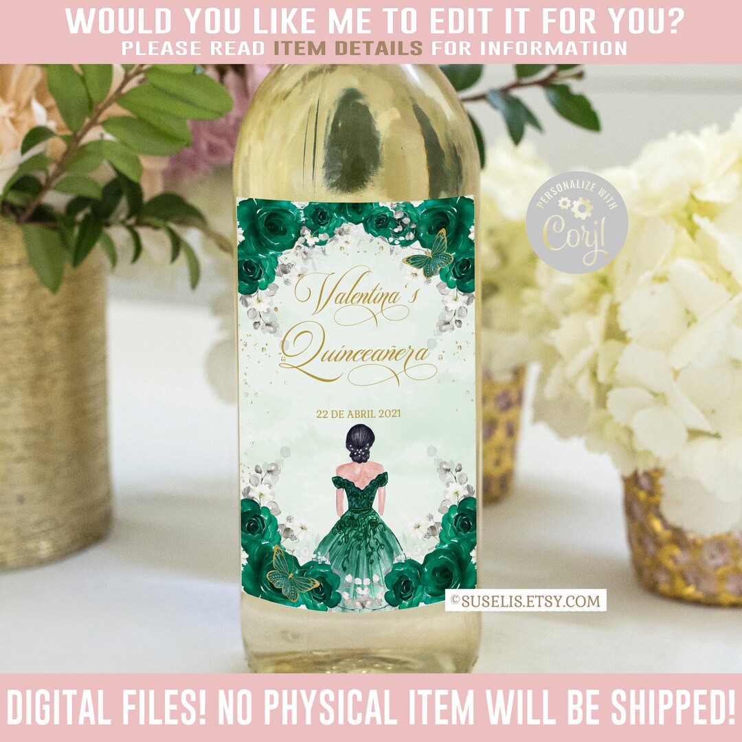 EDITABLE Quinceañera Wine Bottle Labels, Emerald Green, Butterfly, Mis ...