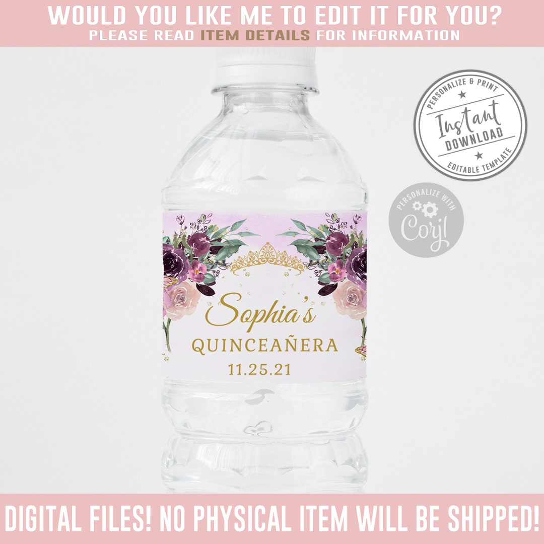 EDITABLE Water Bottle Labels, Quinceanera, Baby Shower, Purple Floral ...