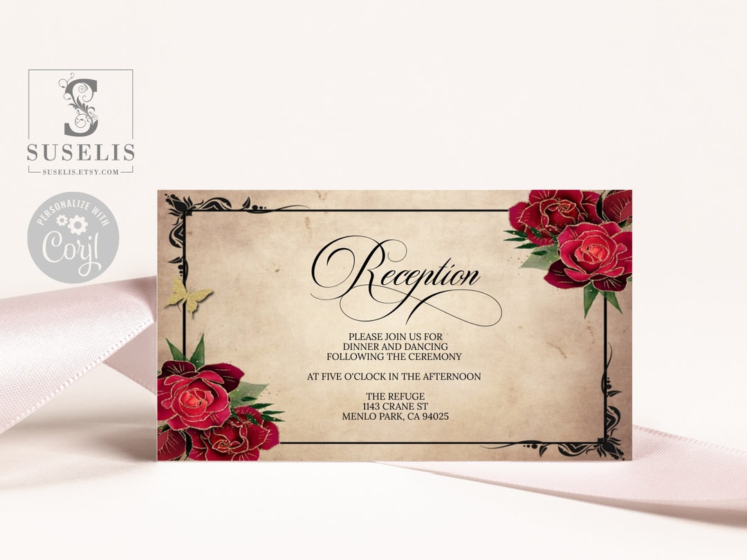 Editable Reception Card, Vintage Red Roses, Rustic, Inserts Card ...