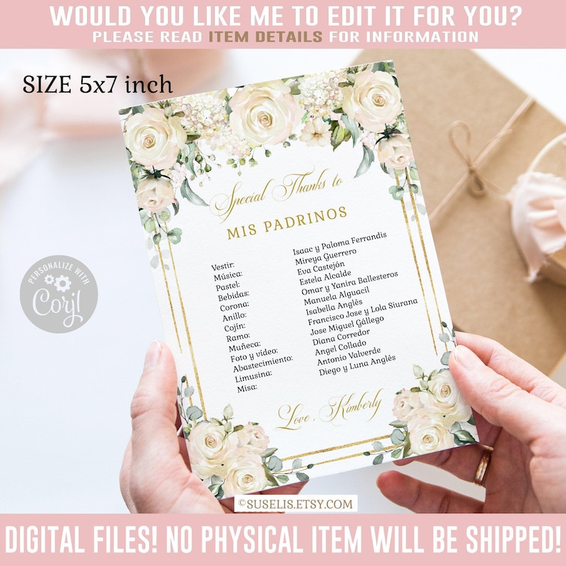 EDITABLE Lista De Padrinos, Special Thanks, List of Godparents, White ...
