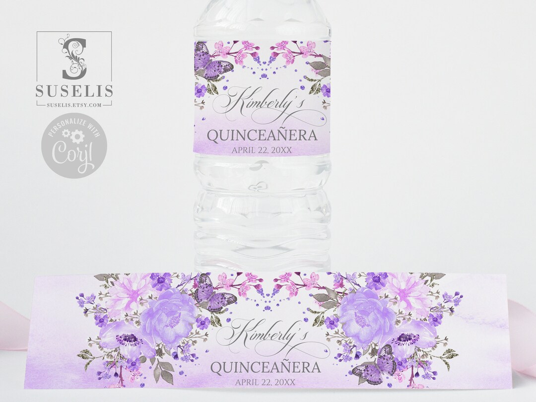 EDITABLE Template Water Bottle Label, Quinceanera, Purple Flowers ...