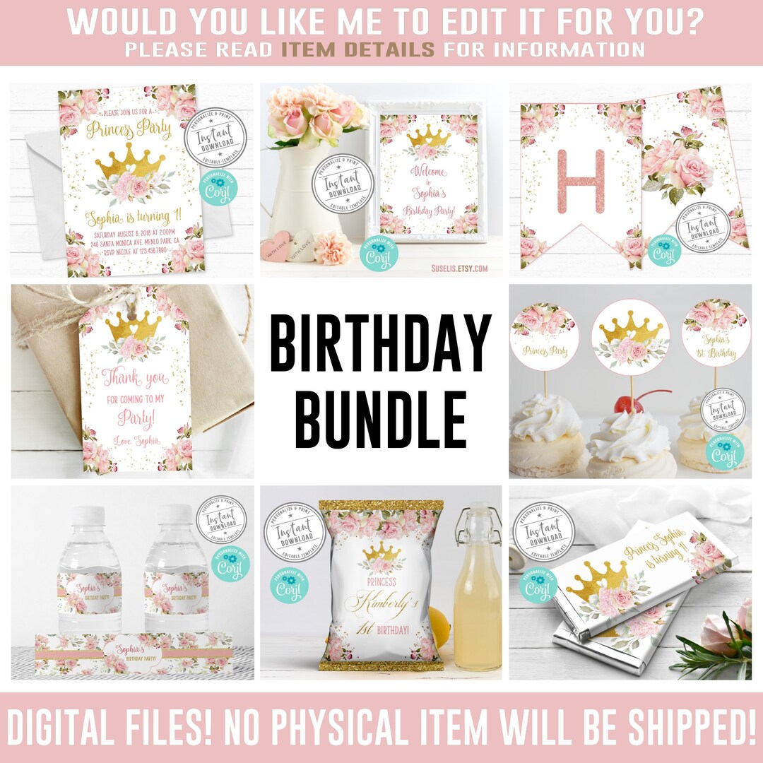 EDITABLE Princess Birthday Party Bundle, Corjl Template, Princess Crown ...