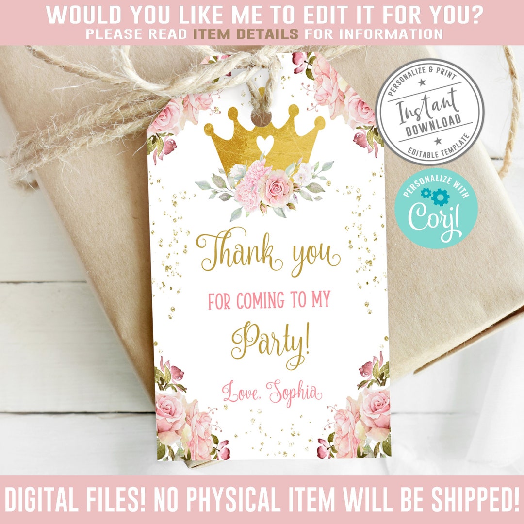 Editable Princess Birthday Party Favor Tag, Corjl Template, Princess ...