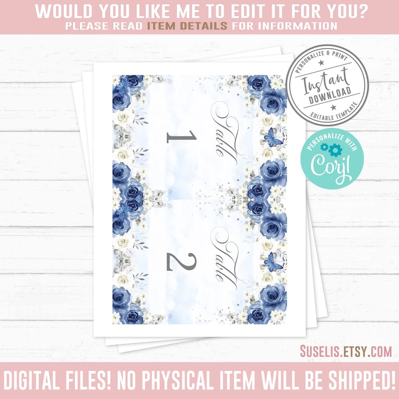 EDITABLE Table Numbers Quinceanera Blue Flowers Butterfly - Etsy