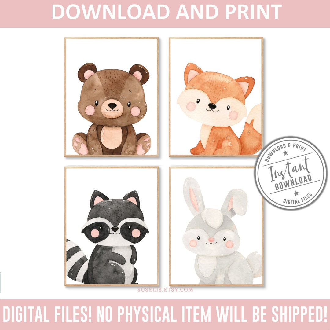 Woodland Animals Prints, Printable Set of 4, Nursery Decor, Neutral ...
