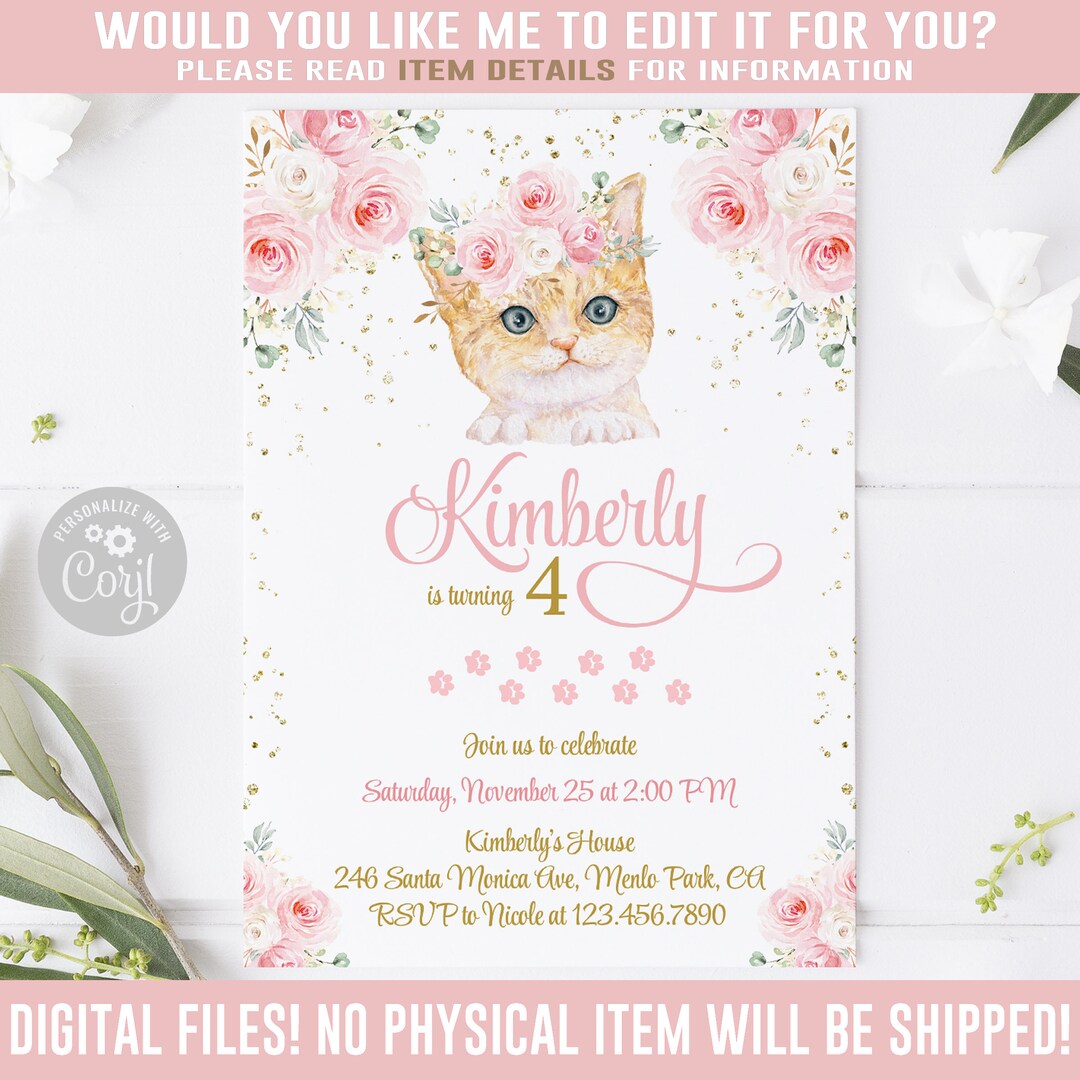 EDITABLE Kitten Birthday Invitation, Corjl Template, Blush Pink Flowers ...