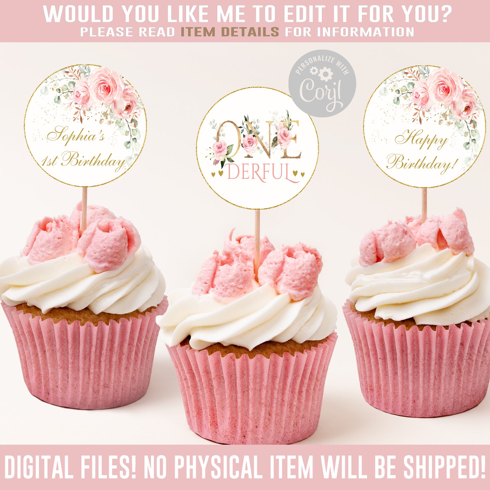 Editable Onederful Cupcake Toppers Corjl Template Blush Pink - Etsy