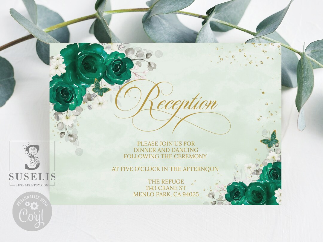 Editable Reception Card Template, Emerald Green Roses, Inserts Card ...