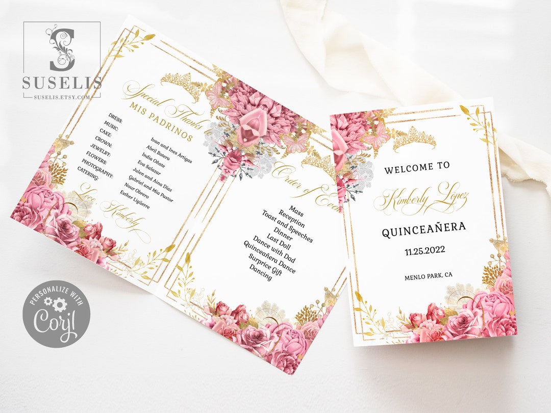 EDITABLE Bi-fold Quinceanera Program Template, Gold Pink Flowers ...