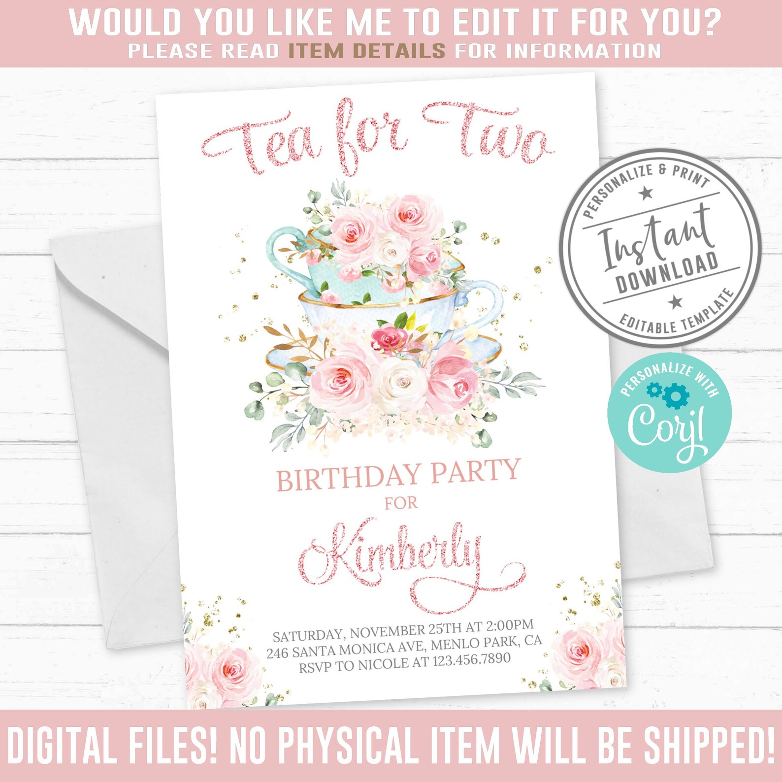 EDITABLE Tea Party Birthday Invitation Corjl Template - Etsy