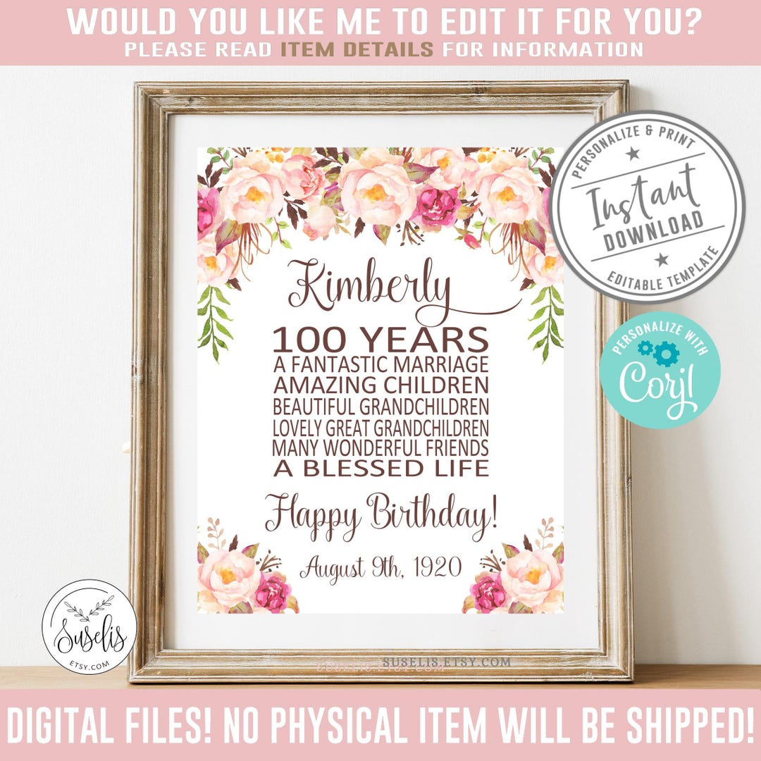 Editable 100th Birthday Floral Poster, Custom Milestone Gift BI004 - Etsy