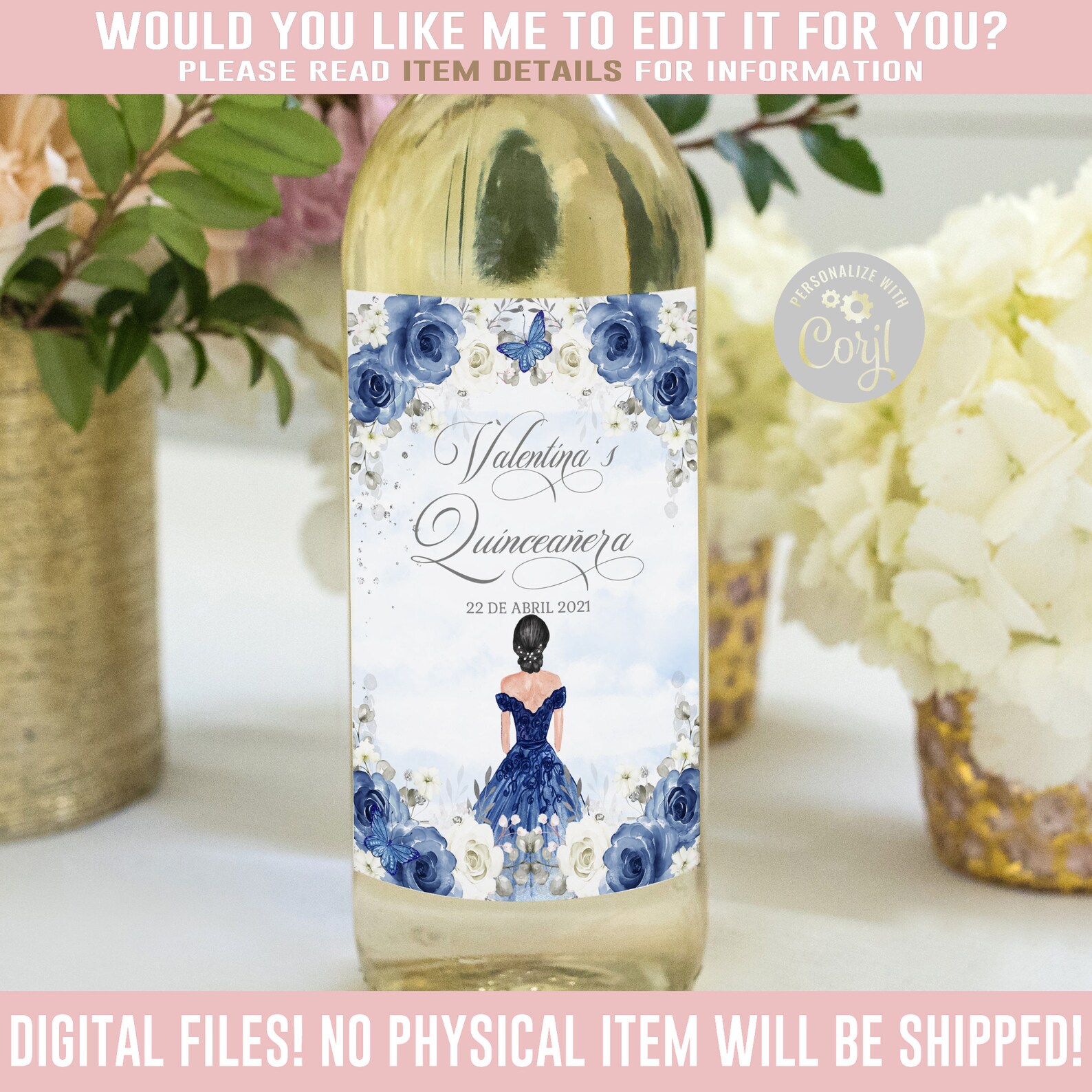 EDITABLE Quinceañera Wine Bottle Labels Corjl Template Blue - Etsy