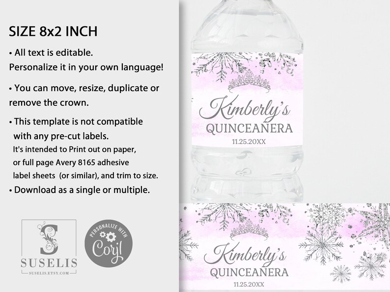 EDITABLE TEMPLATE Water Bottle Labels, Quinceanera, Lavender Lilac ...