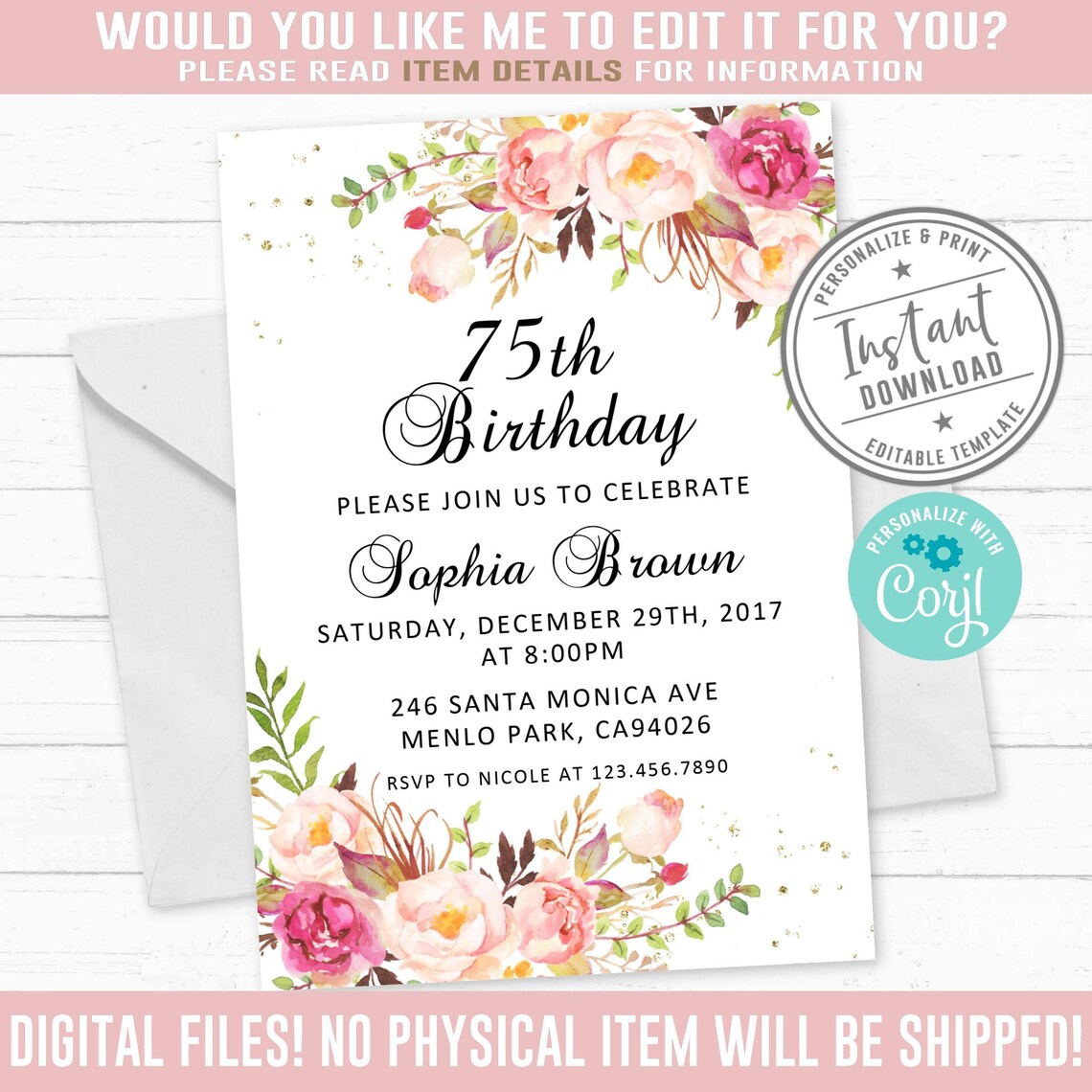 Editable Any Year Birthday Invitation, Corjl Template, Blush Floral ...