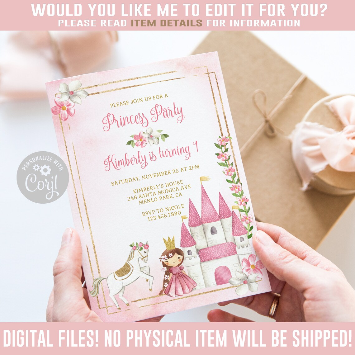 EDITABLE Princess Birthday Invitation, Corjl Template, Gold Princess ...