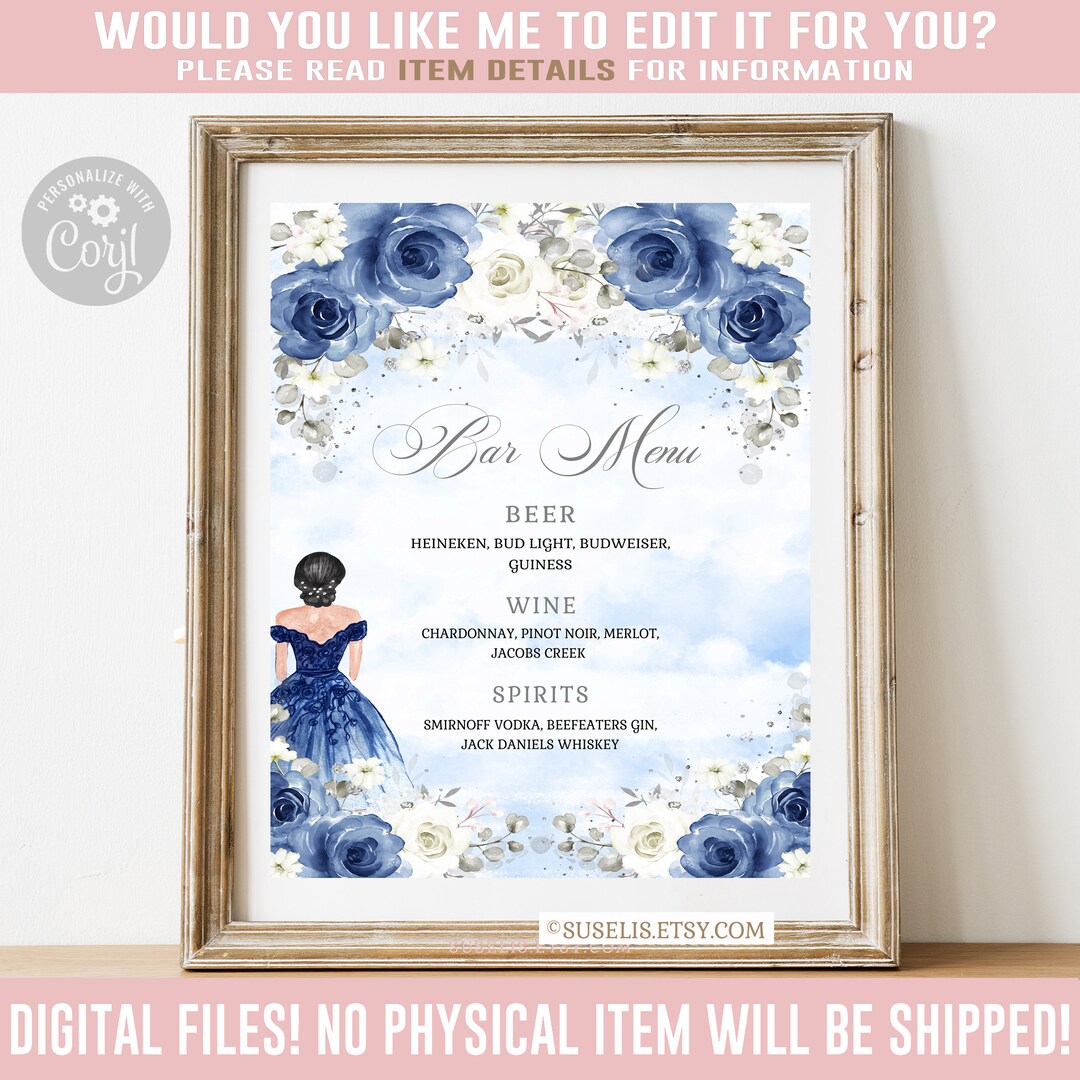 EDITABLE Quinceanera Bar Menu Sign Drinks Blue Floral - Etsy