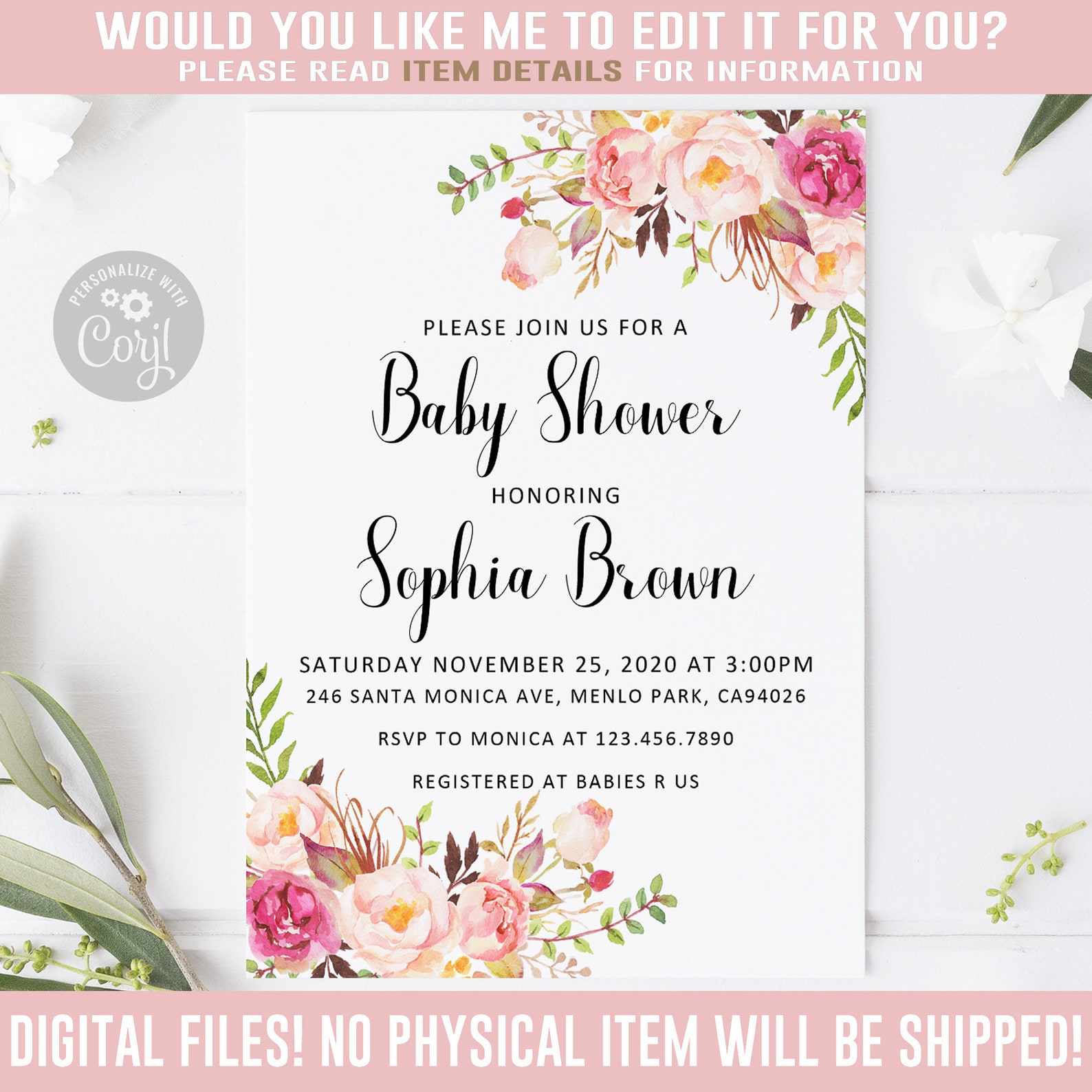 EDITABLE Baby Shower Invitation Corjl Template Blush Pink - Etsy