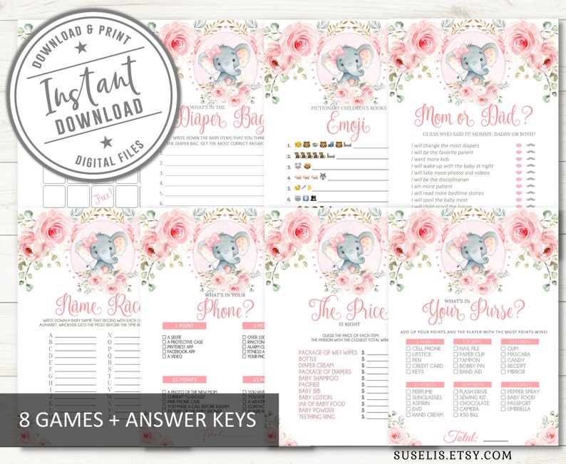 Baby Shower Games, Set of 8 Game Pack, Baby Girl Elephant, Game Bundle ...