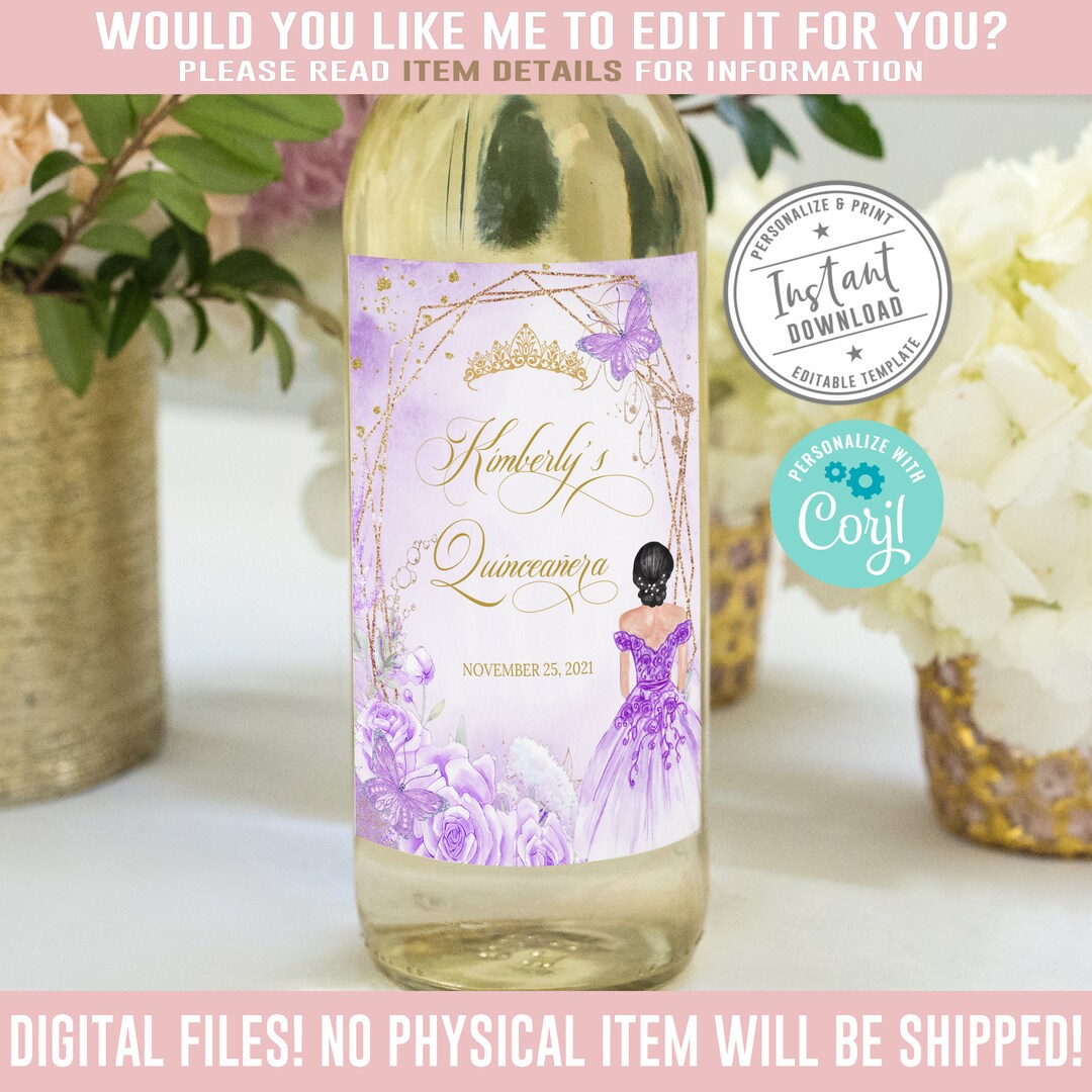 EDITABLE Quinceañera Wine Bottle Labels, Purple Gold, Butterfly, Mis ...