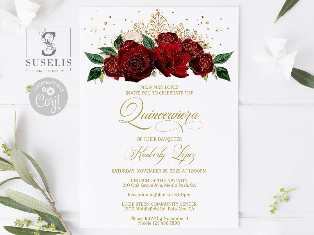 EDITABLE Quinceanera Invitation & Back Template, Ruby Red Flowers, Mis ...