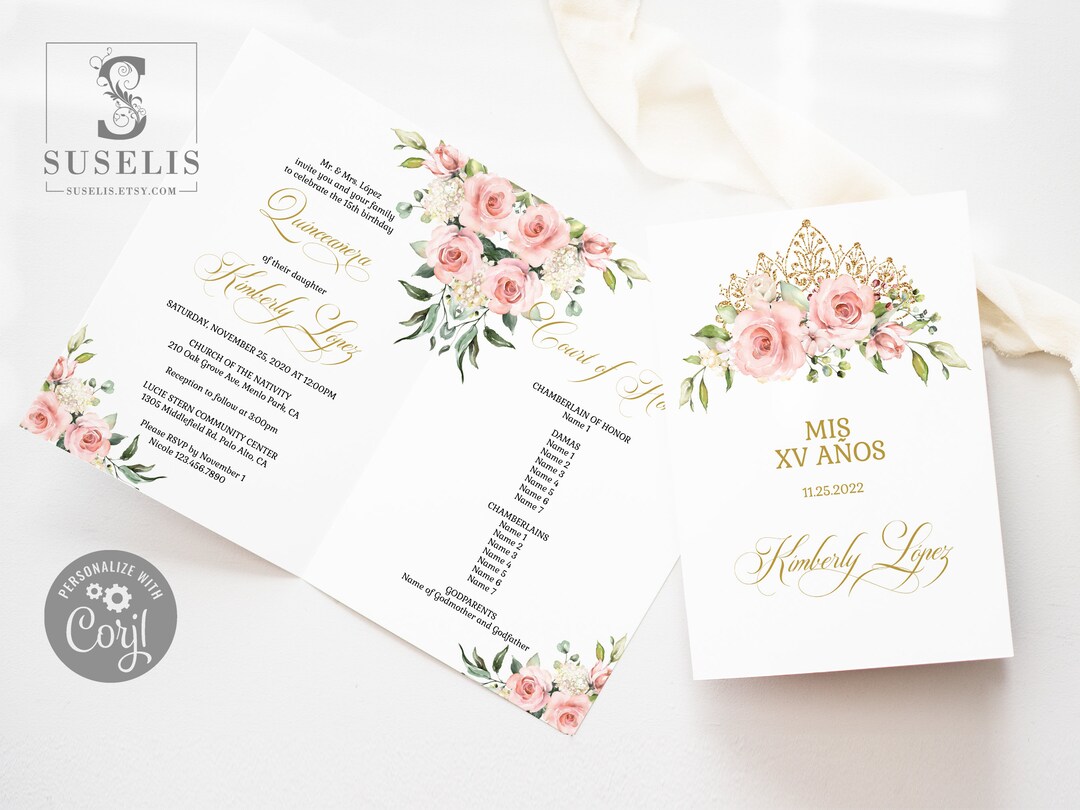 EDITABLE Bi-fold Quinceanera Program Template, Court of Honor, Blush ...
