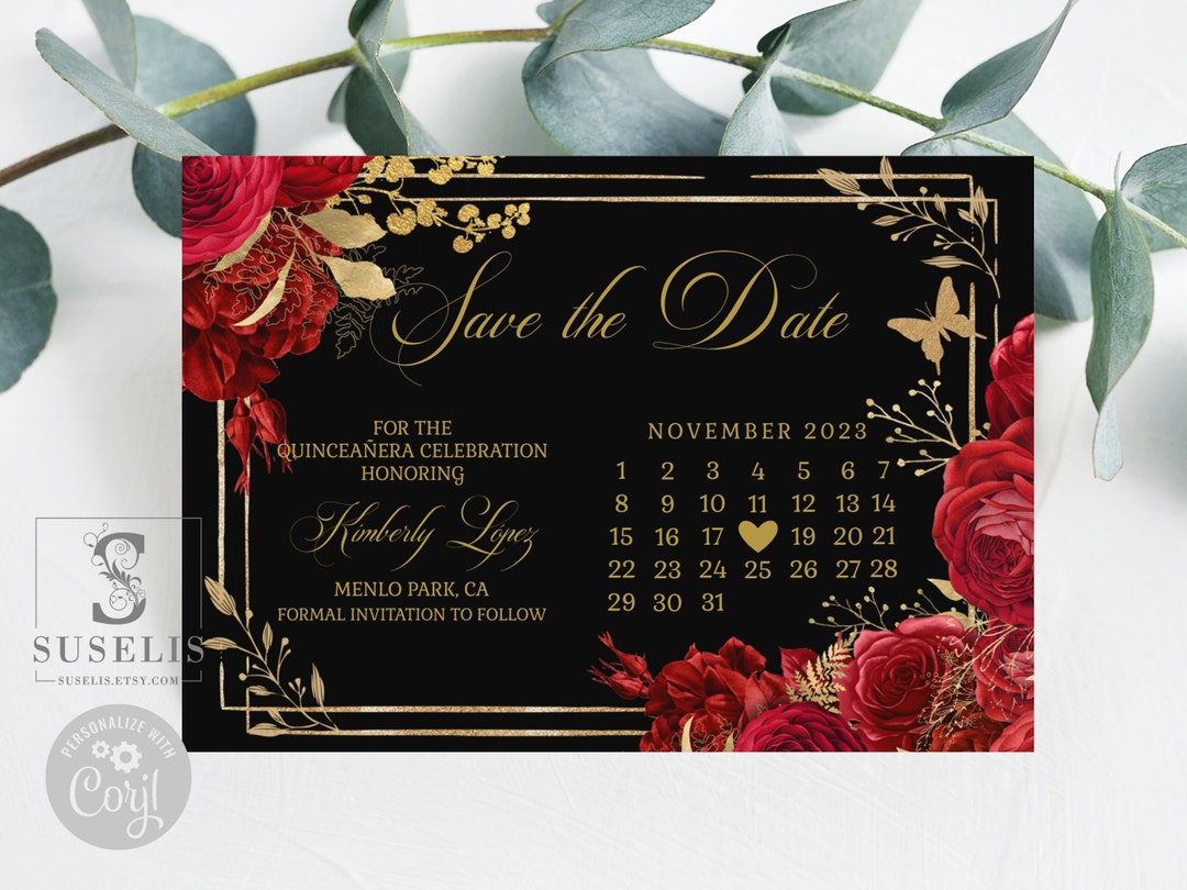 Editable Save the Date Card Template, Calendar, Quinceañera, Red Roses ...
