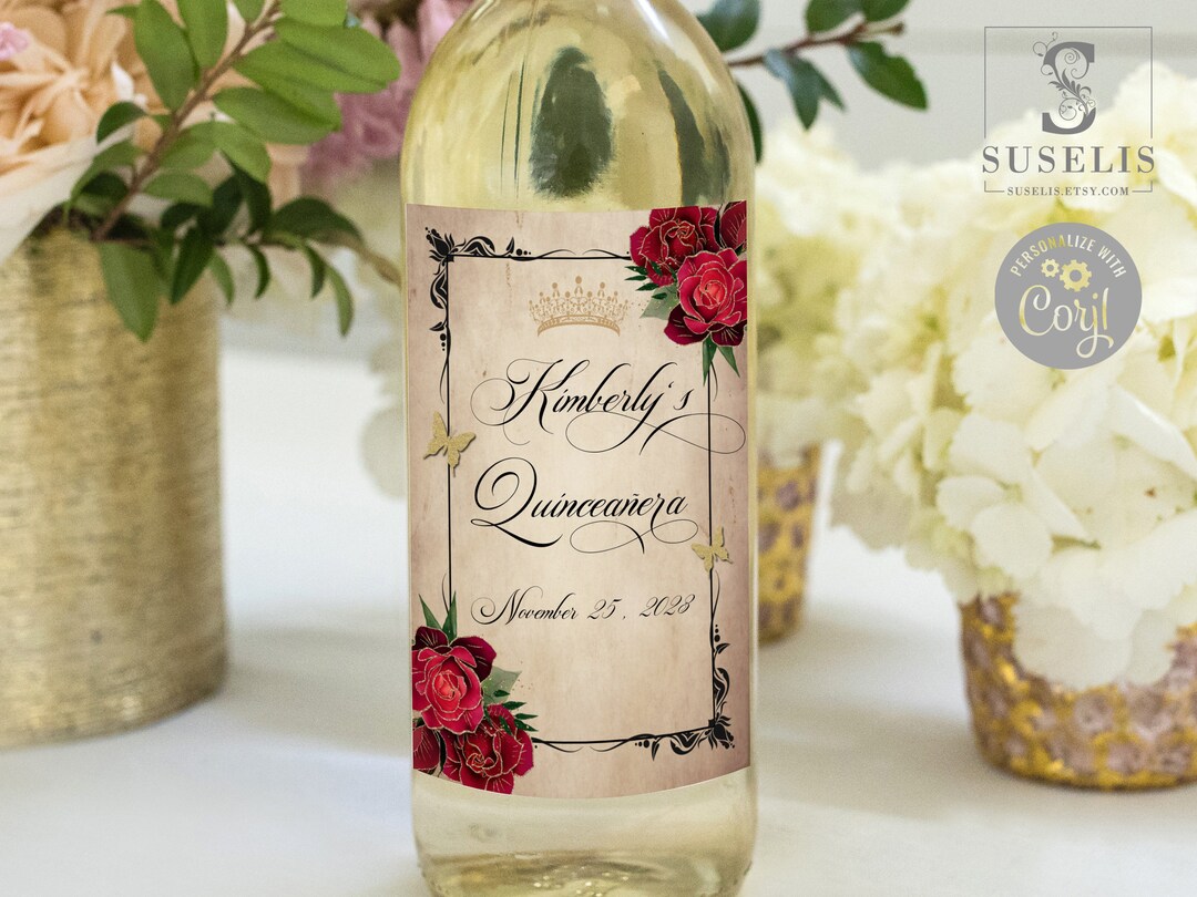 EDITABLE Quinceañera Wine Bottle Labels, Vintage Red Roses, Mis Quince ...