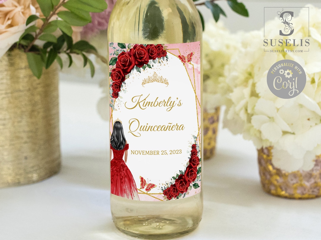 EDITABLE Quinceañera Wine Bottle Label Template, Gold Ruby Red Flowers ...