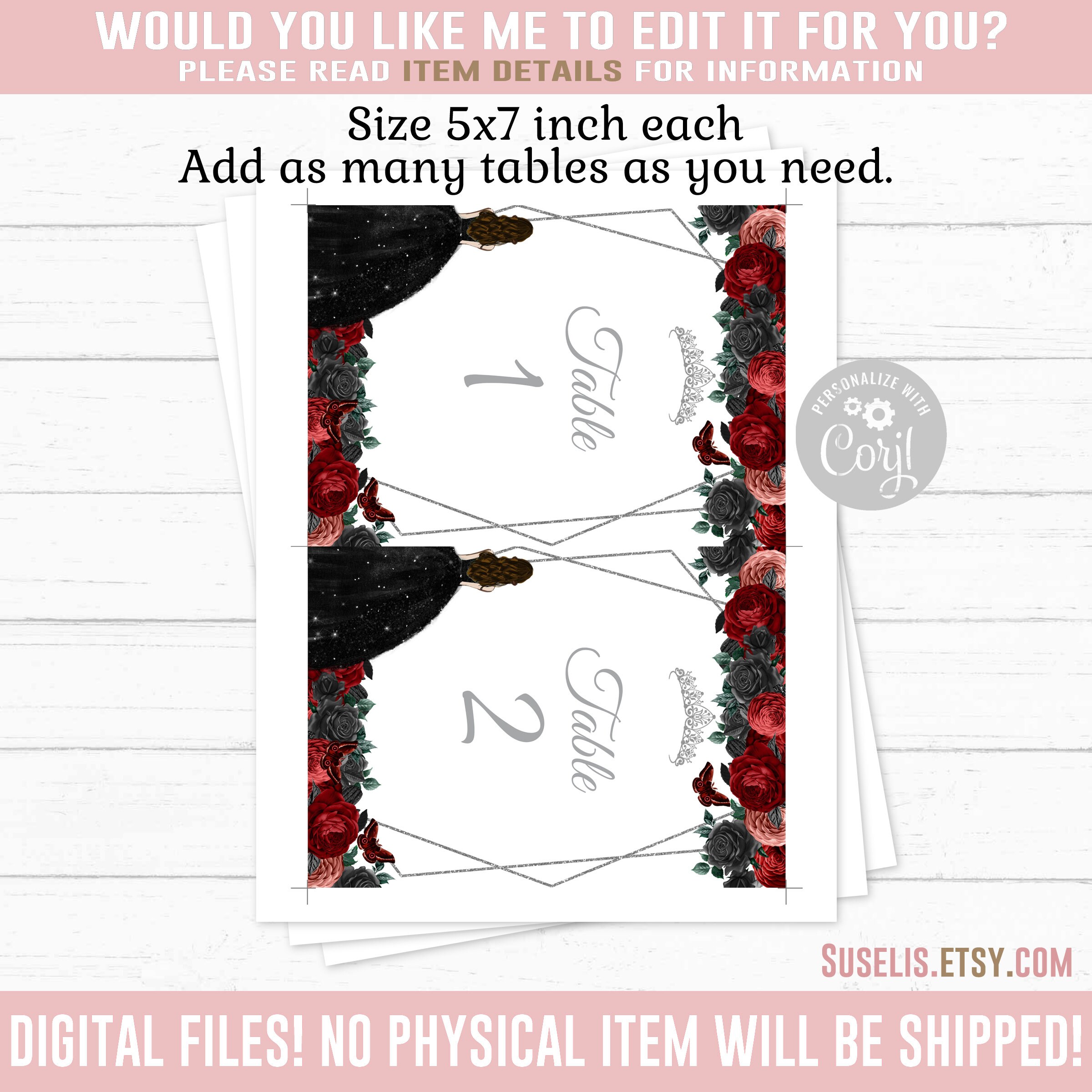 EDITABLE Table Numbers, Quinceanera, Black Red Flowers, Butterfly, Mis ...