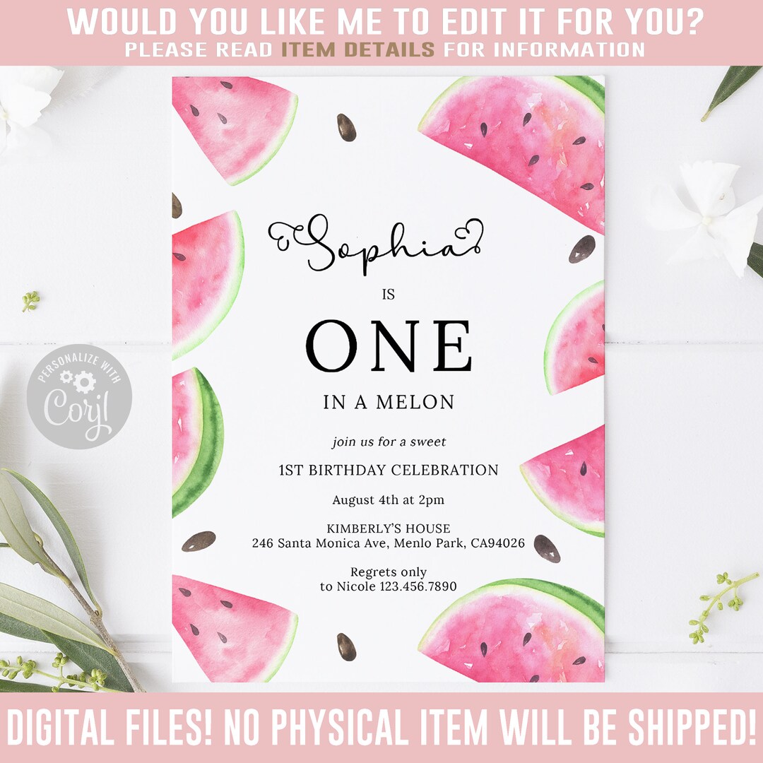 EDITABLE Watermelon Birthday Invitation, Corjl Template, Front & Back ...