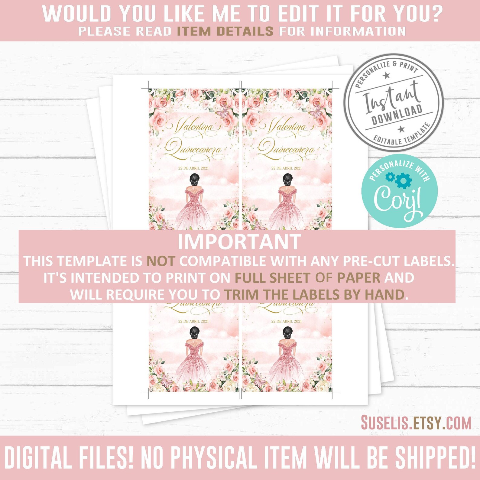 EDITABLE Quinceañera Wine Bottle Labels, Blush Pink, Butterfly, Mis ...
