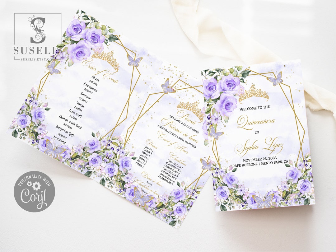 EDITABLE Bi-fold Program Template, Purple Flowers, Quinceañera, Folded ...