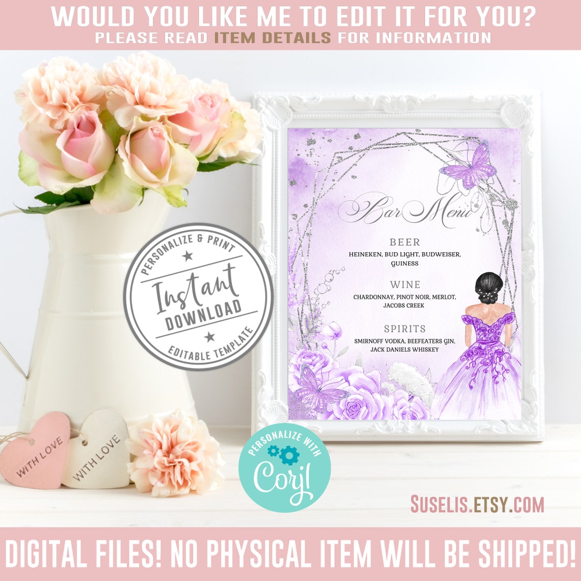 EDITABLE Quinceanera Bar Menu Sign Drinks Corjl Template - Etsy