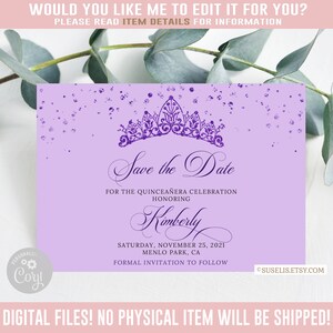 Editable Purple Save the Date Card Glitter Corjl Template | Etsy