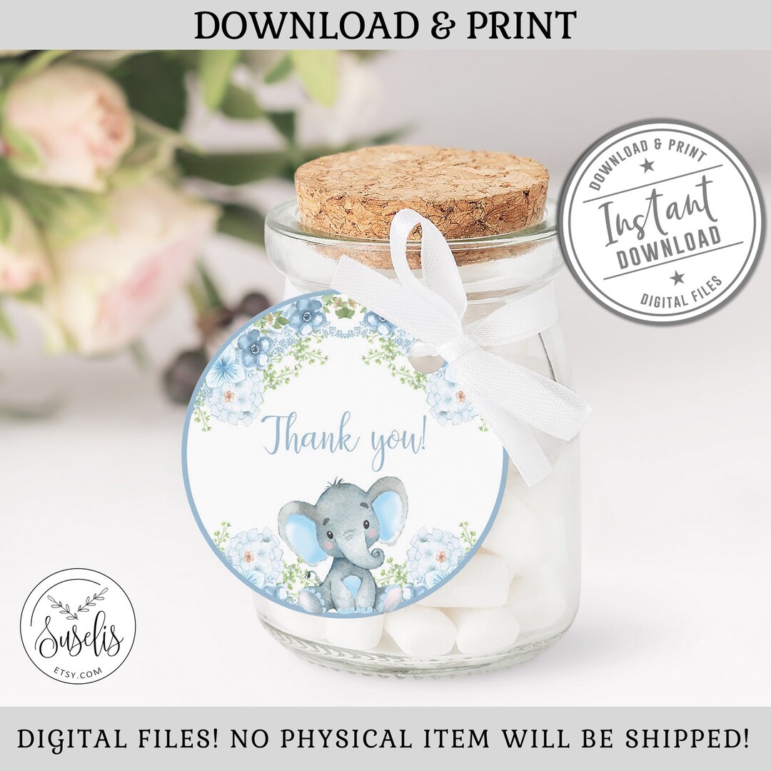 Printable Thank You Tags, Blue Baby Elephant, Baby Shower Stickers ...