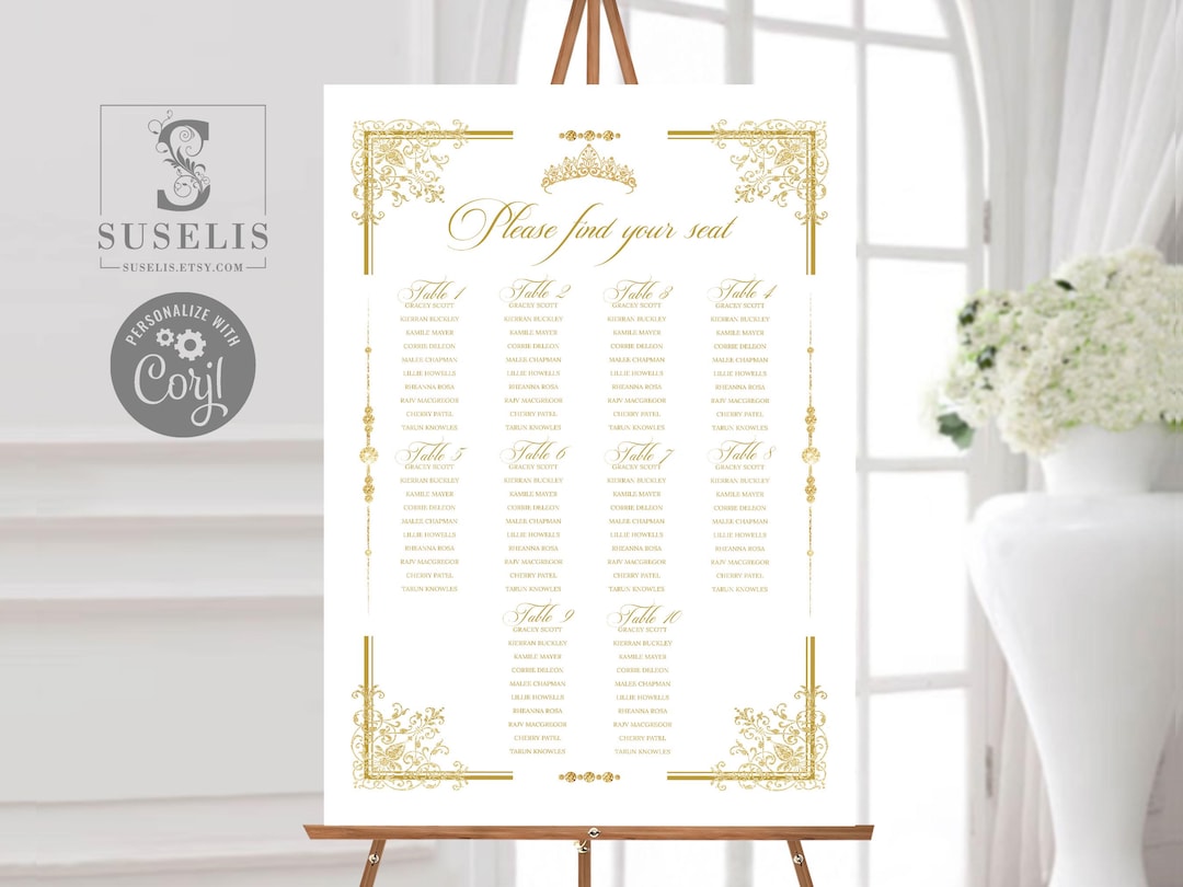 EDITABLE Template Seating Chart, Table Plan, Gold Corners, Quinceañera ...