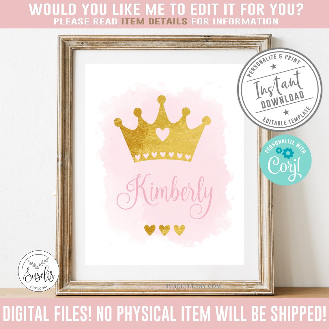Editable Princess Name Printable Corjl Template Gold Crown - Etsy