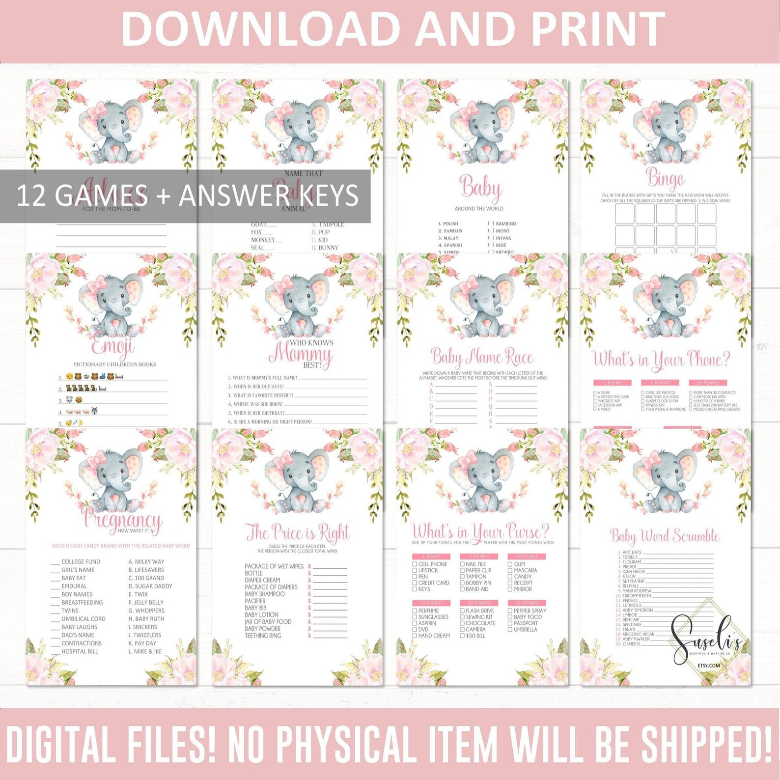 Printable Baby Shower Game Bundle, 12 Games, Elephant Theme, Watercolor ...