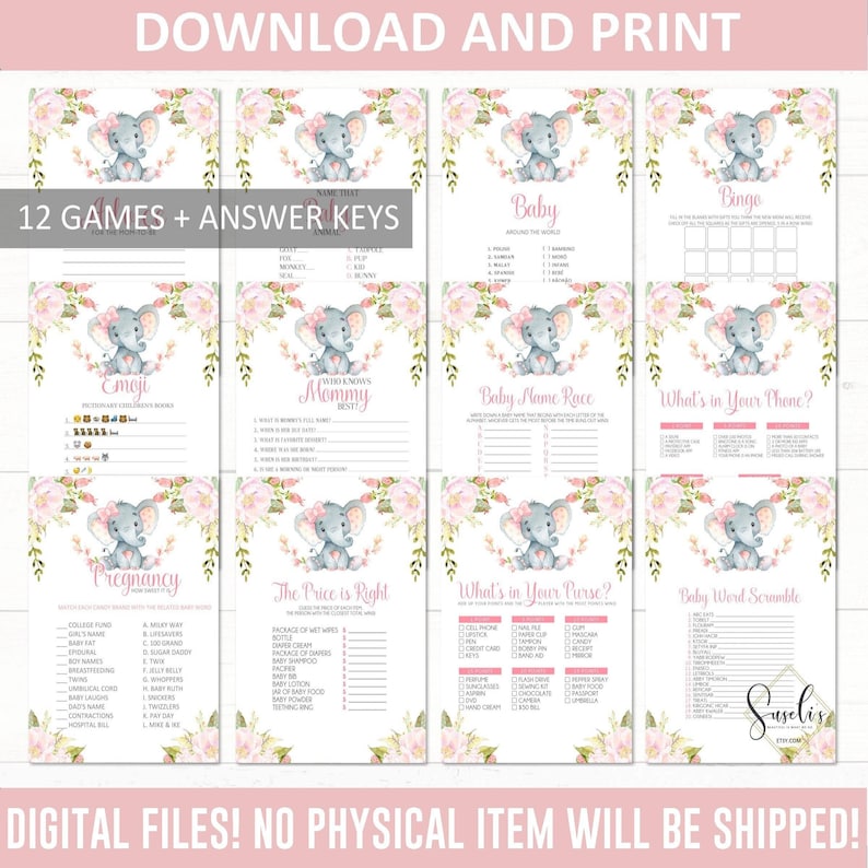Printable Baby Shower Game Bundle, 12 Games, Elephant Theme, Watercolor ...