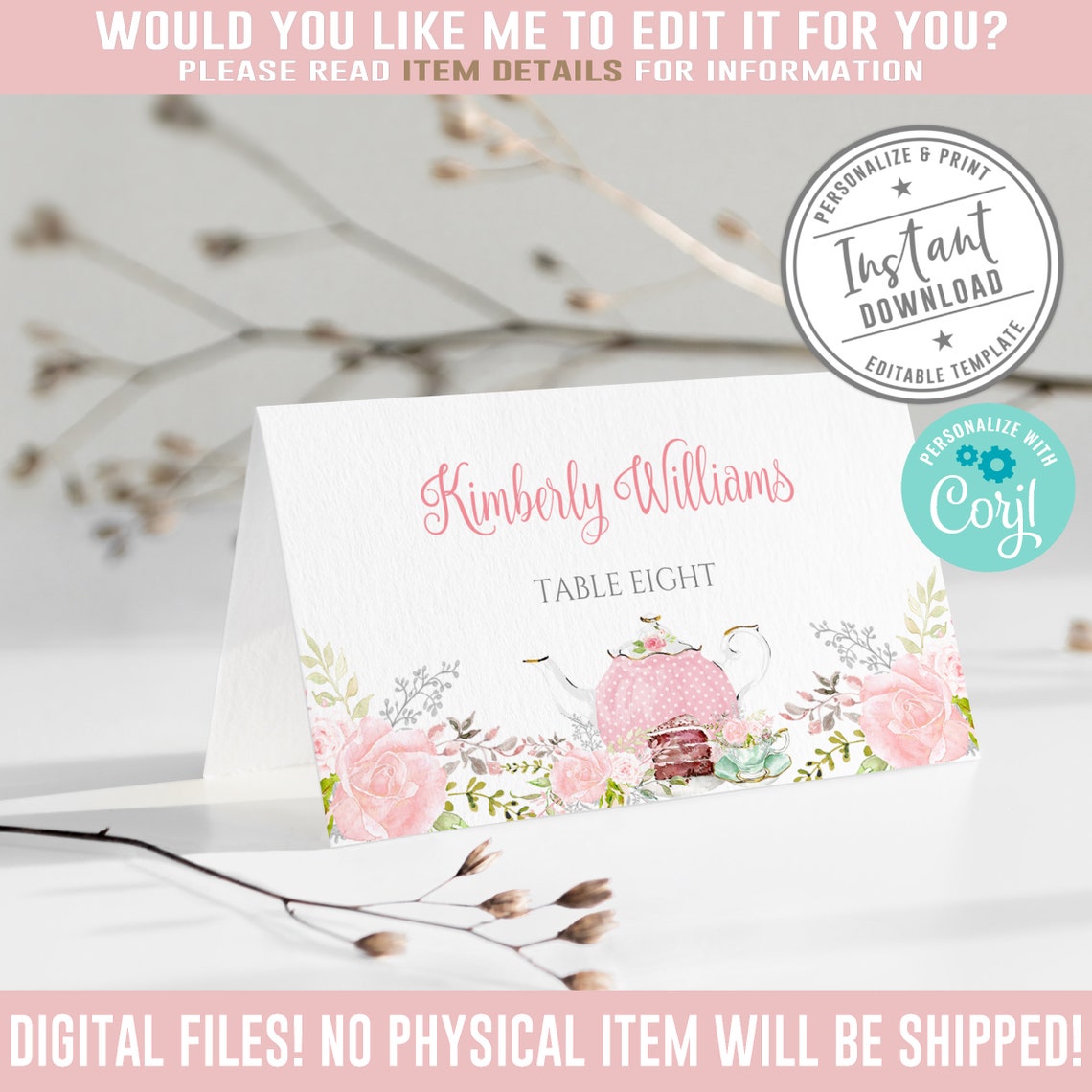 EDITABLE Tea Party Place Cards Corjl Template Baby Shower | Etsy