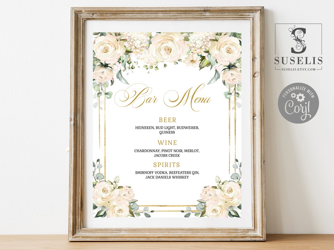 EDITABLE Quinceanera Bar Menu Sign Template, Drinks, White Flowers ...
